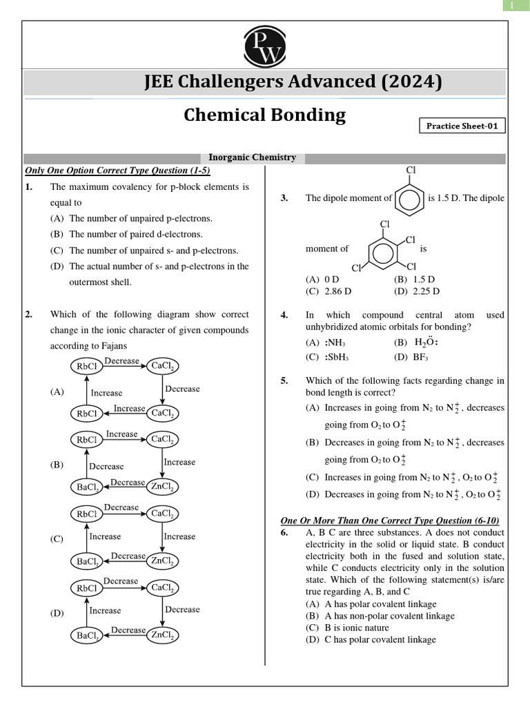 Chemical Bonding - Practice Sheet - JEE Challengers | PDF | Chemical ...