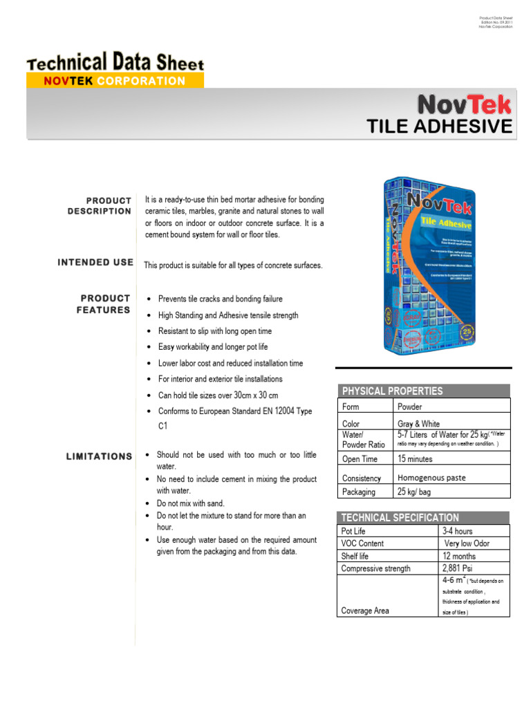 NovTek Tile Adhesive Product Data Sheet | PDF | Concrete | Physical ...
