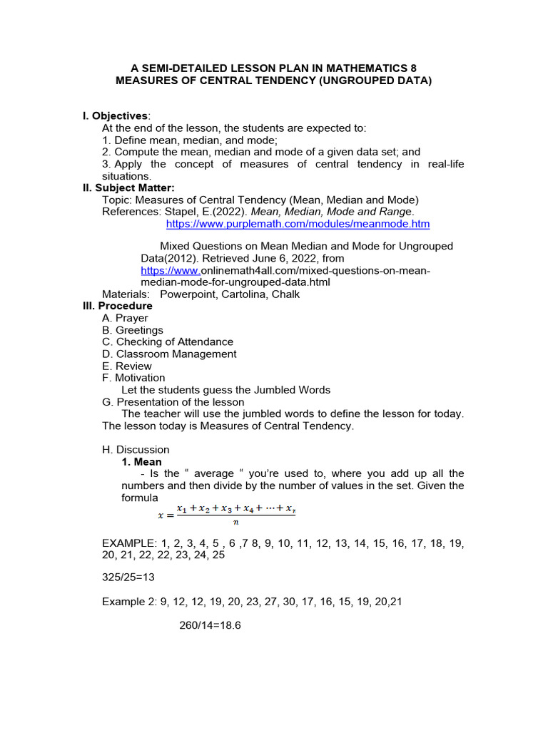 Math 8: Central Tendency Basics | PDF | Mean | Mode (Statistics)