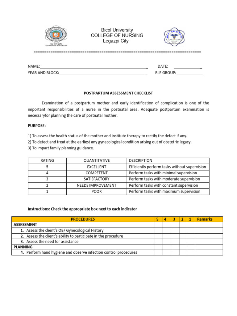 Checklist Postpartum Assessment | PDF | Wellness