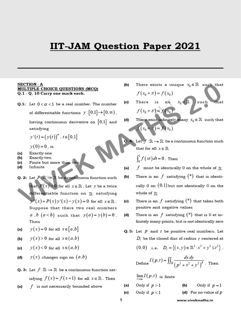IIT-JAM Mathematics MCQ Paper 2021 | PDF | Group (Mathematics) | Function (Mathematics)