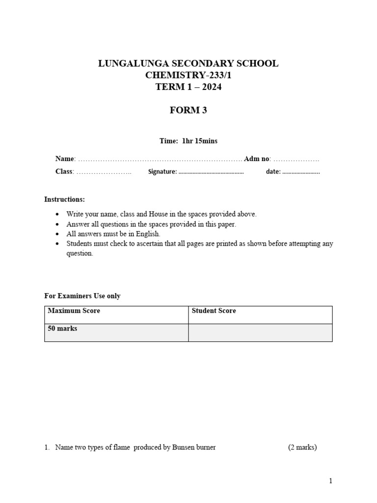 Chemistry Form 3 2024 - - Question paper | PDF | Chemical Elements ...