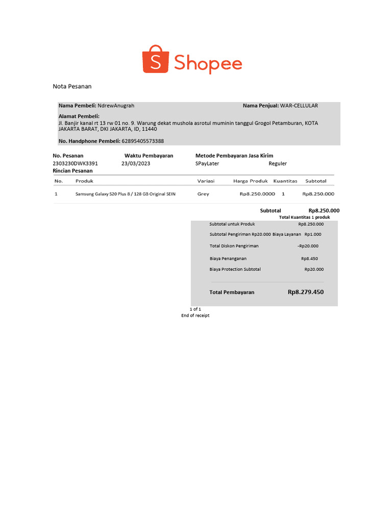 Nota Pesanan: Nama Pembeli: Ndrewanugrah Nama Penjual: War-Cellular ...