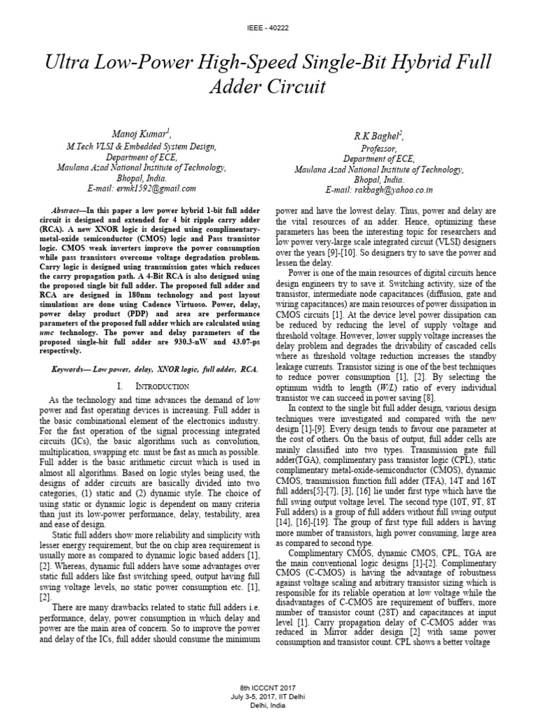 Ultra Low-Power High-Speed Single-Bit Hybrid Full Adder Circuit | PDF