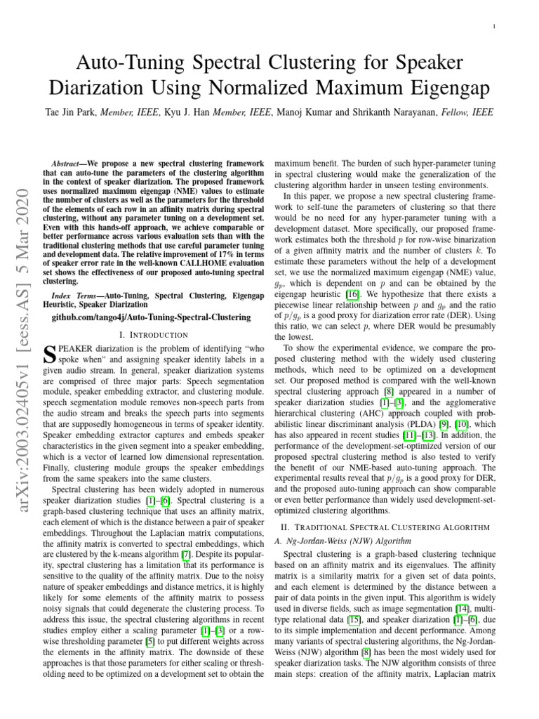 2020-Auto-Tuning Spectral Clustering For Speaker Diarization Using Normalized Maximum Eigengap ...