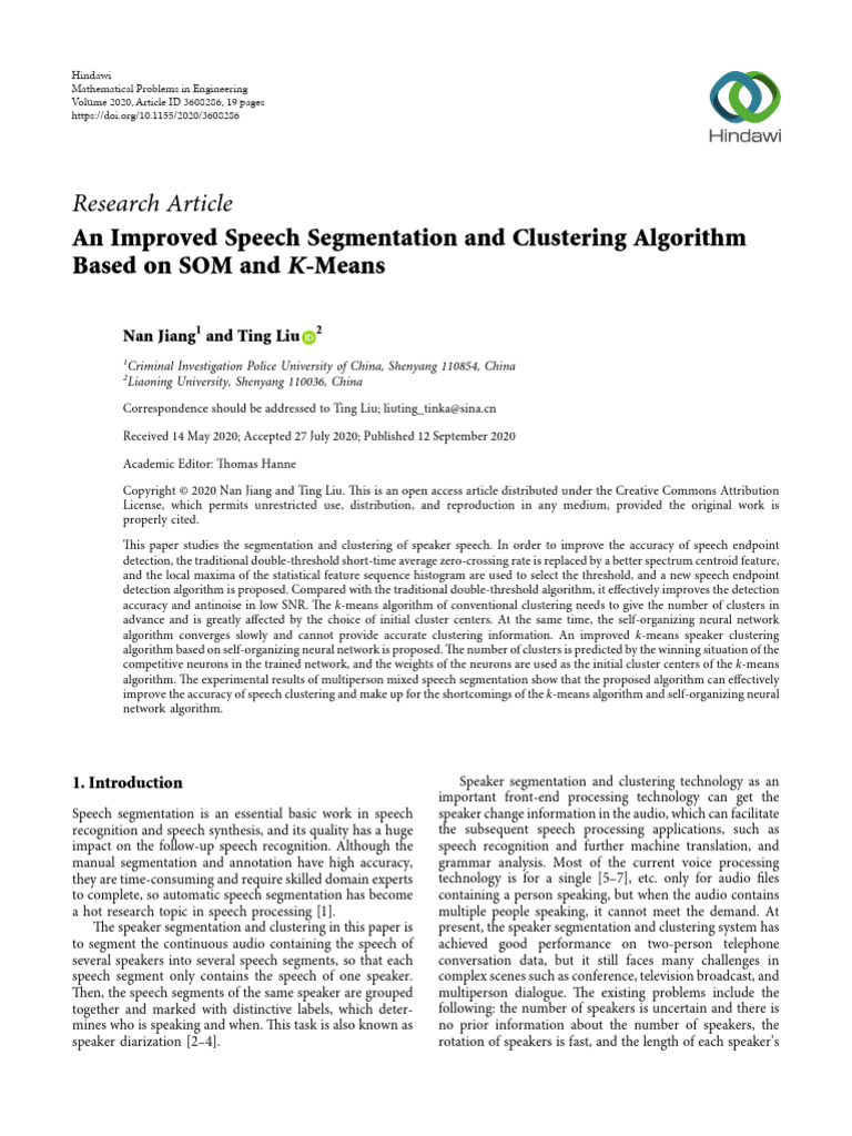 2020 An Improved Speech Segmentation And Clustering Algorithm Pdf Image Segmentation