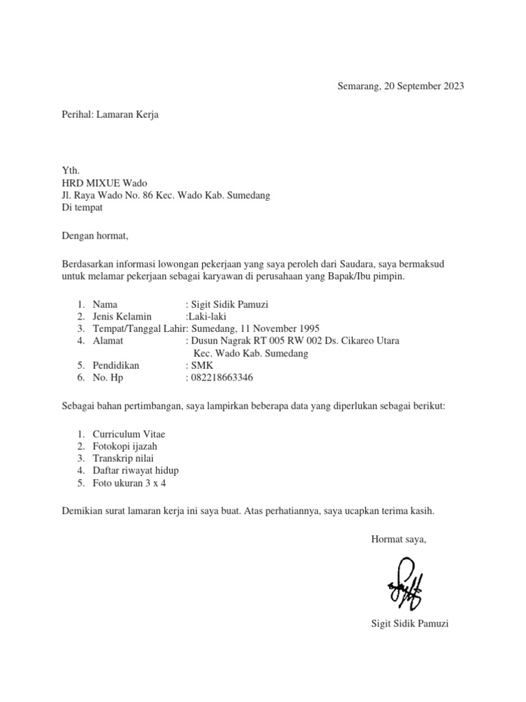 Surat Lamaran Kerja Mixue Wado | PDF