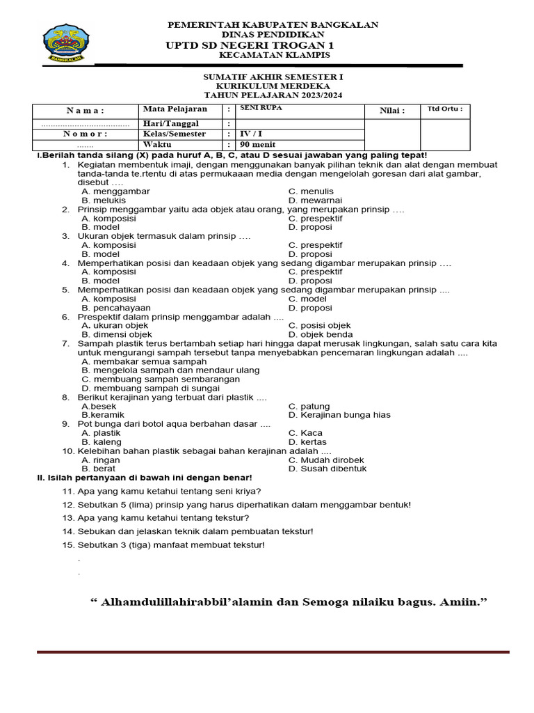 Soal STS Seni Rupa Kls 4 | PDF