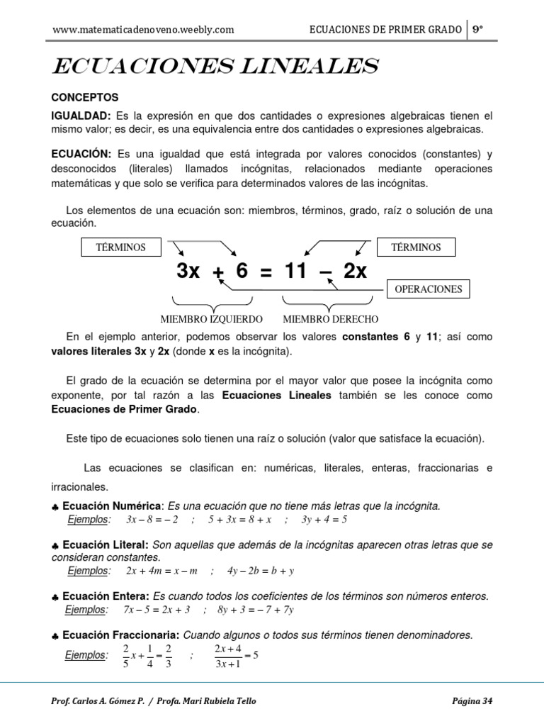 Ecuaciones de Primer Grado Con Un Incógnita Teoria y Resolución 2016 | PDF | Ecuaciones ...