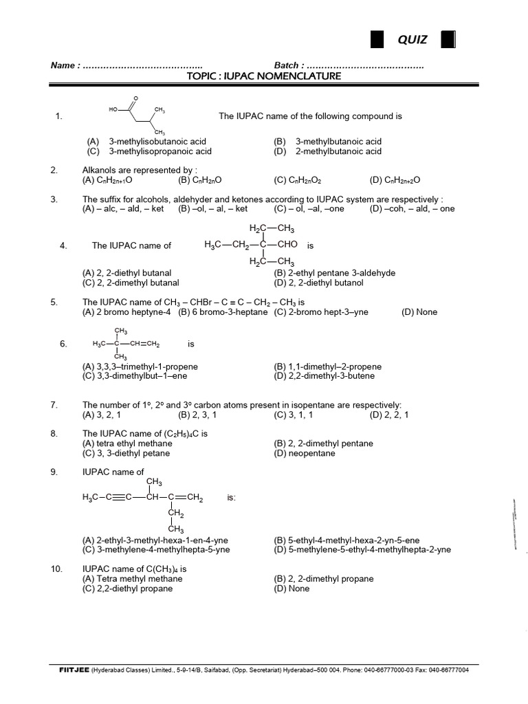 IUPAC Nomenclature Quiz and Practice | PDF | Methyl Group | Organic ...