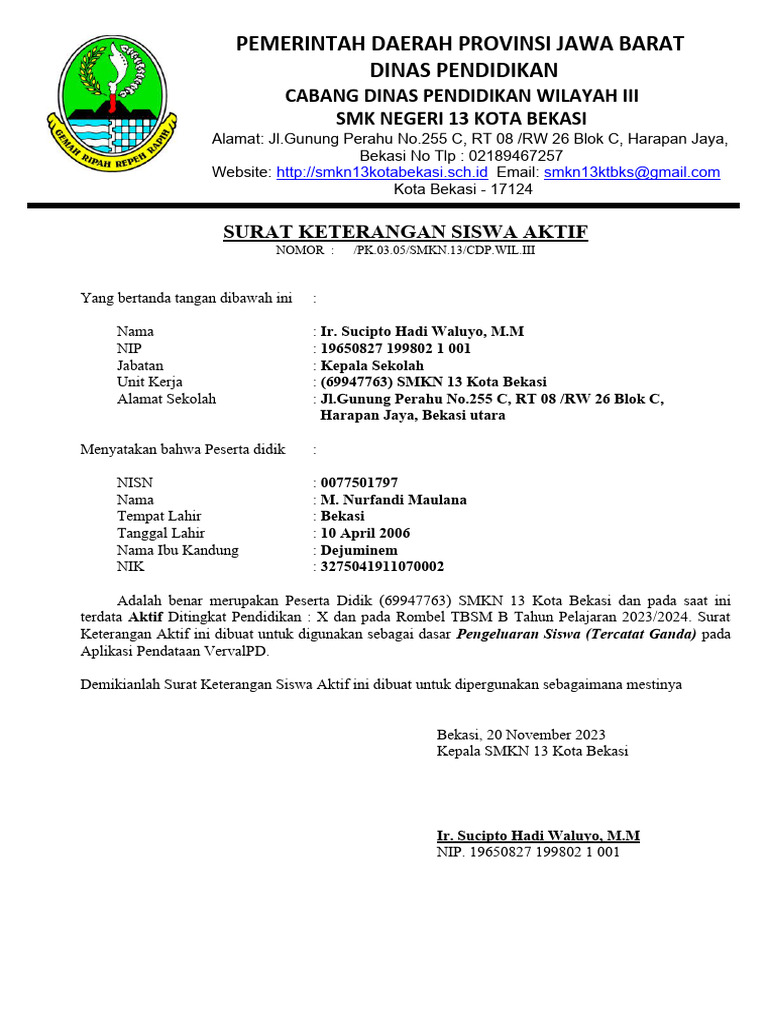 Contoh - SUKET - SISWA AKTIF - VERVALPD (AutoRecovered) | PDF