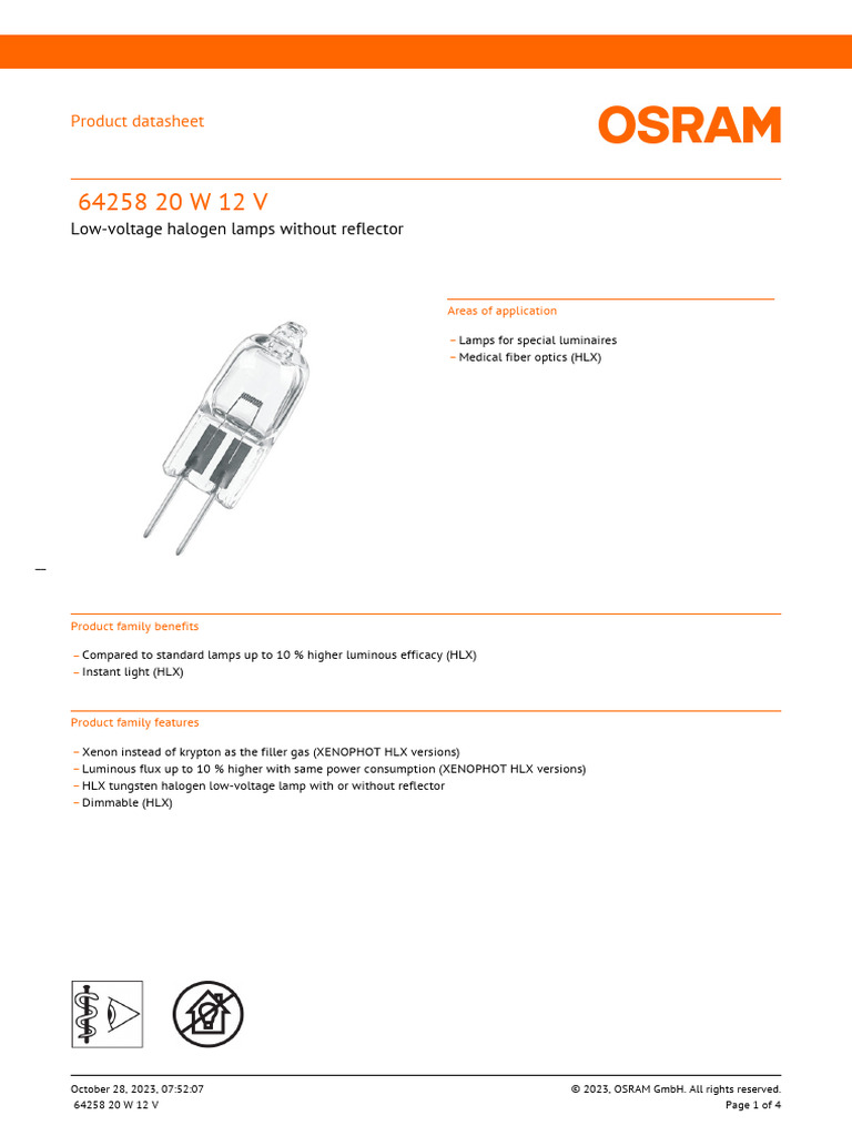 20W 12V Halogen Lamp Datasheet | PDF | Incandescent Light Bulb | Optics