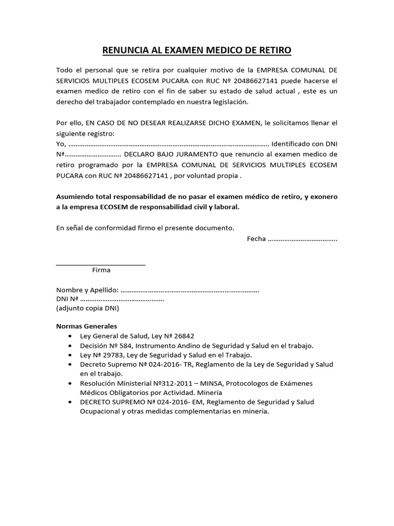 Renuncia Al Examen Medico de Retiro | PDF