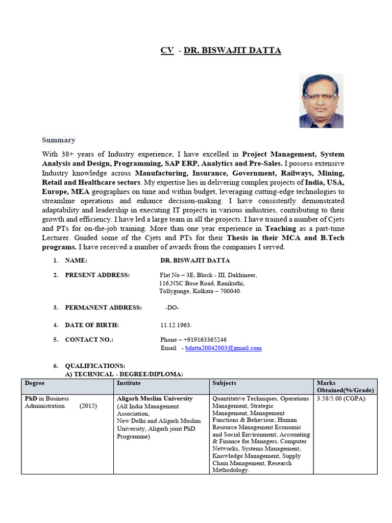 CV - Dr. Biswajit Datta - 29.12.2023 | PDF | Engineering | Business