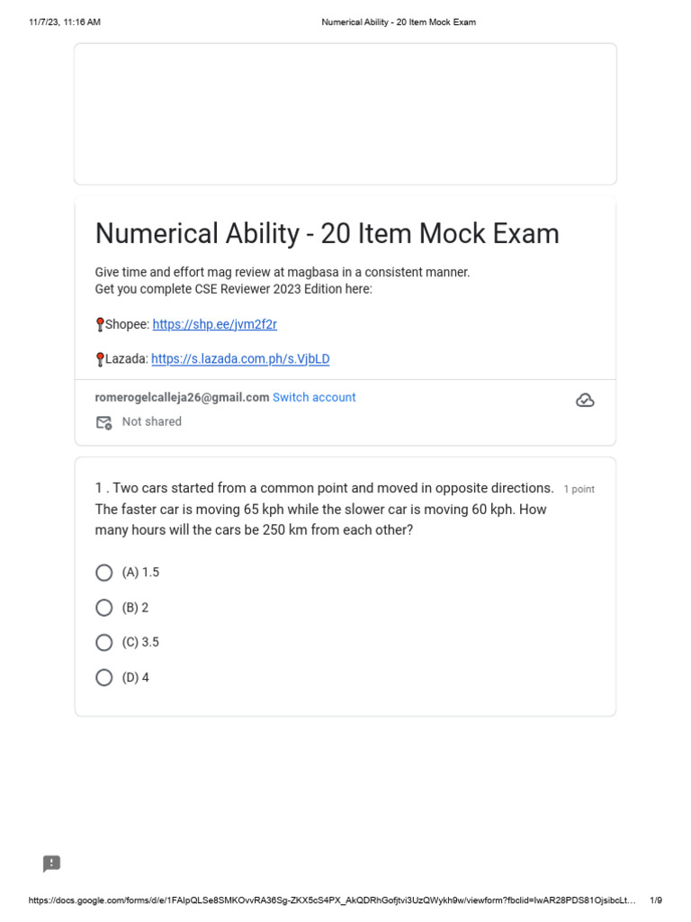Numerical Ability - 20 Item Mock Exam | PDF
