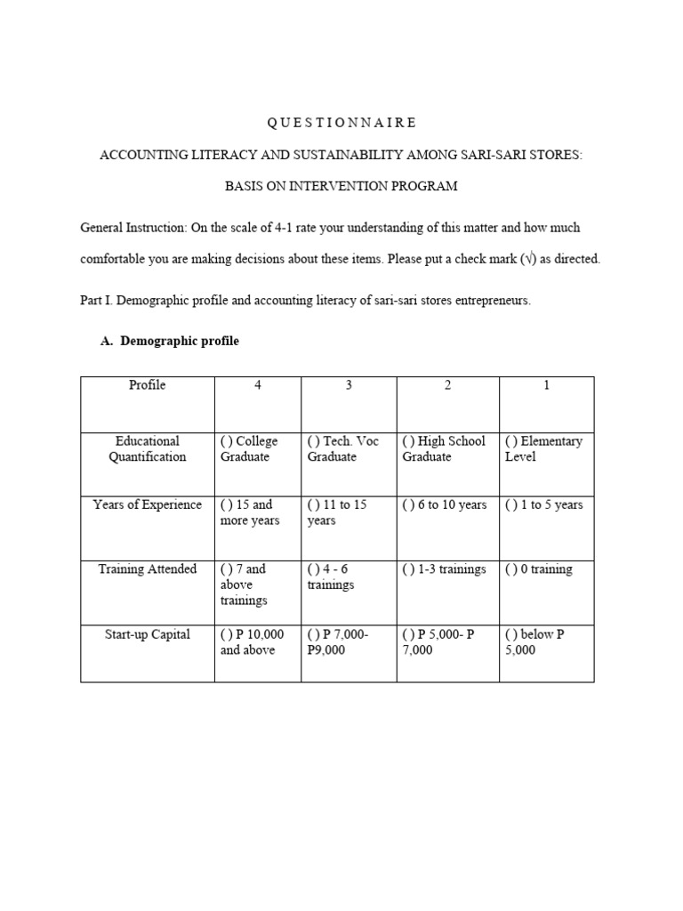 Questionnaire of Accounting Literacy Among Sari-Sari Store | Download ...