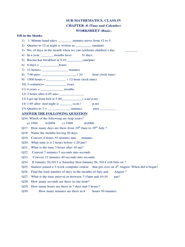 Time and Calendar Worksheet for Class IV | PDF