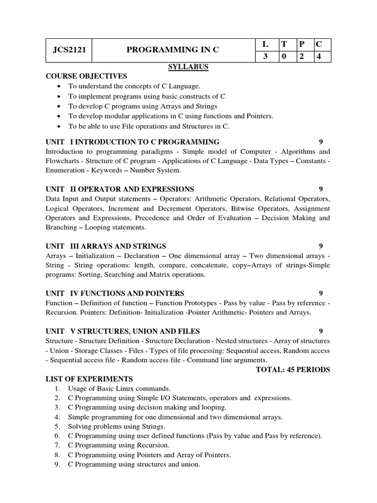 JCS2121 Prog in C Syllabus | PDF | C (Programming Language) | Computer ...