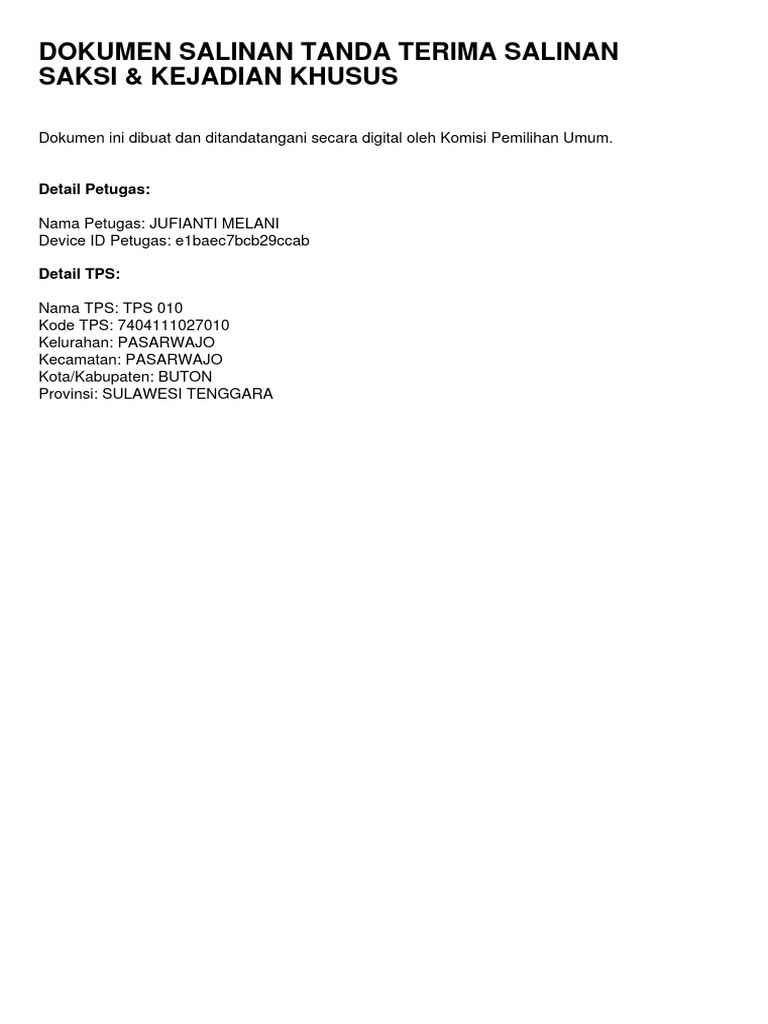 Salinan Tanda Terima Salinan Saksi Dan Kejadian Khusus Pemilu7404111027010 | PDF