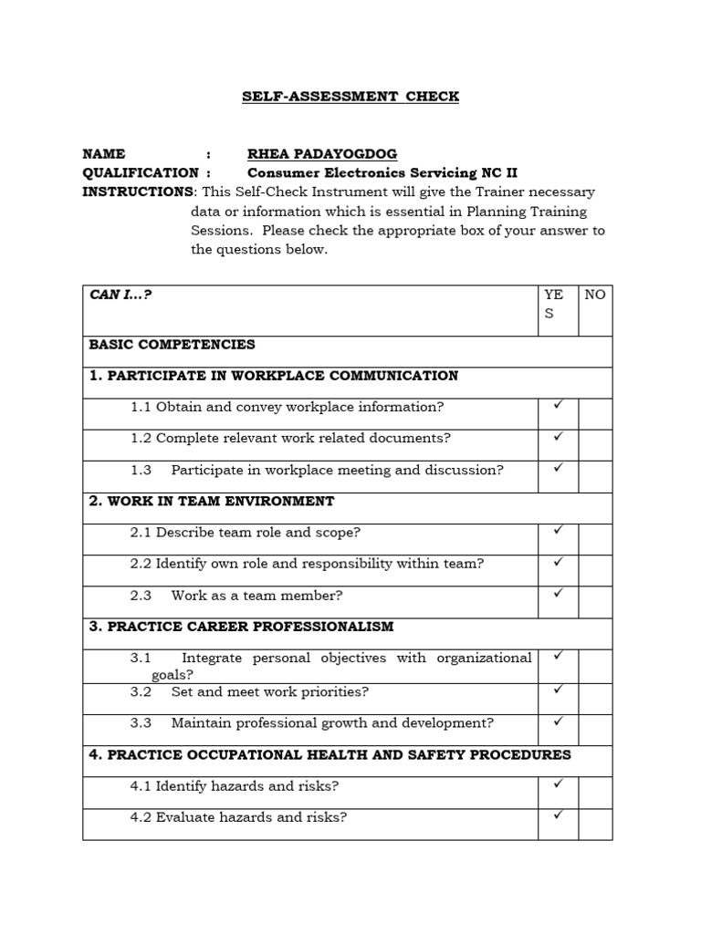 Self Asessment Checklist | PDF