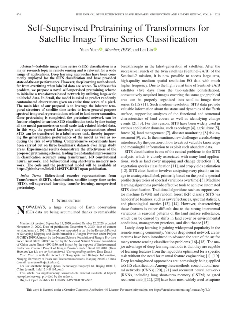 Self-Supervised Pretraining of Transformers For Satellite Image Time Series Classification | PDF ...