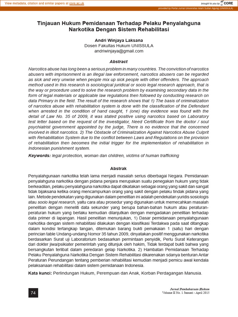 8_Tinjauan Hukum Pemidanaan Terhadap Pelaku Penyalahguna | PDF | Rehabilitation (Penology) | Justice