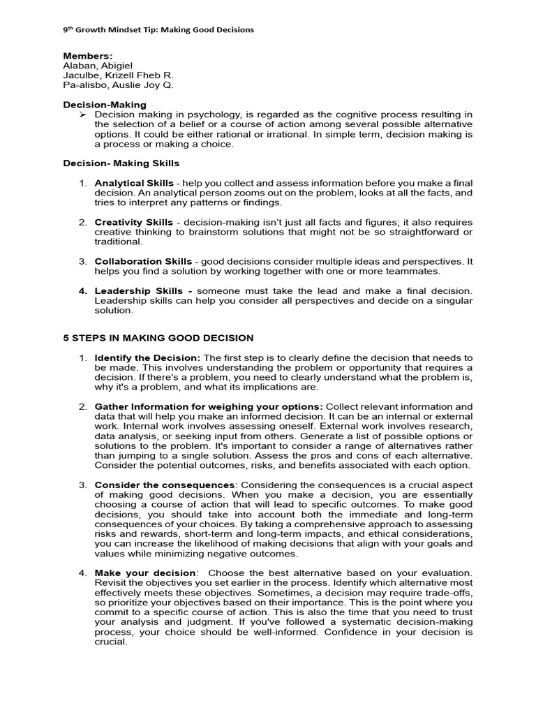 Making Good Decision | PDF | Decision Making | Human Communication