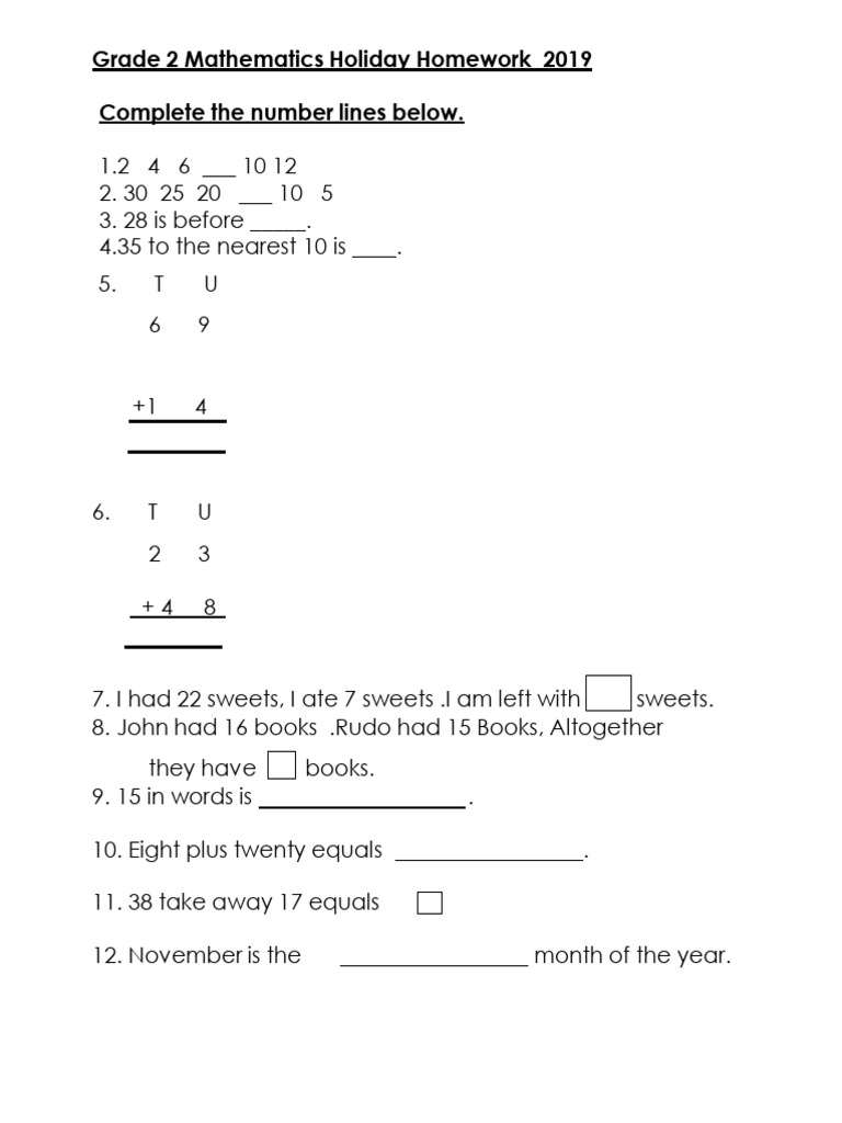 Grade 2 Mathematics Holiday Homework-1 (1) - 1 | PDF