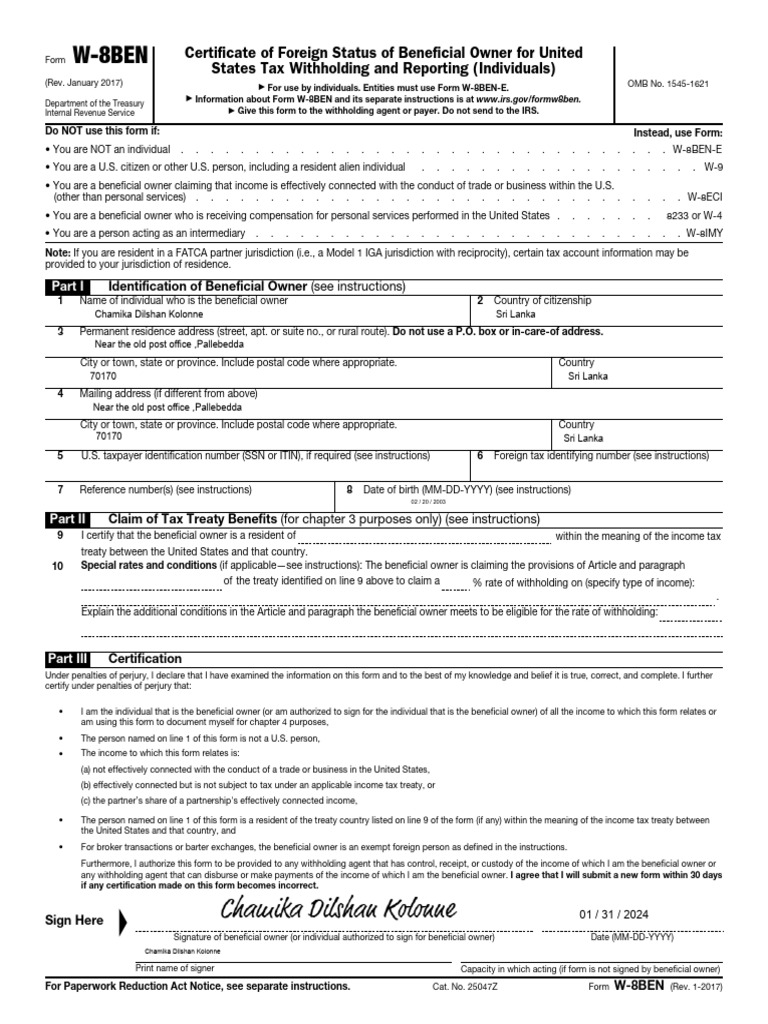 W8 Ben | PDF | Irs Tax Forms | Economies