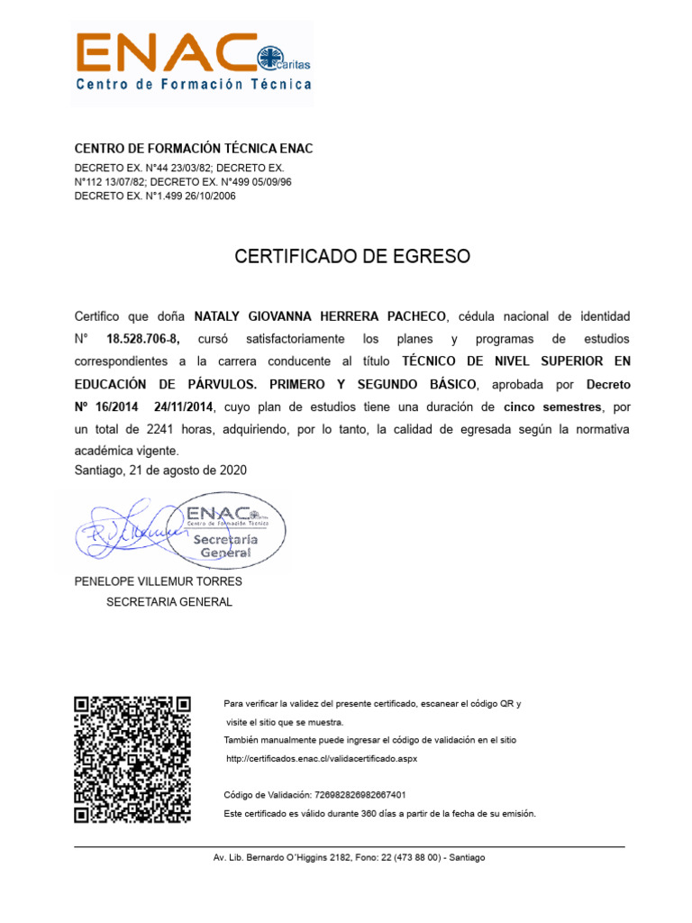 Certificado de Egreso: Centro de Formación Técnica Enac | PDF