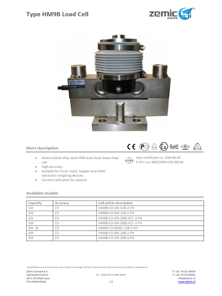 Zemic - Load-Cell | PDF | Manufactured Goods | Electrical Engineering