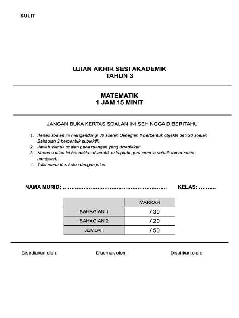 Upsa Akhir Matematik Tahun 3 | PDF