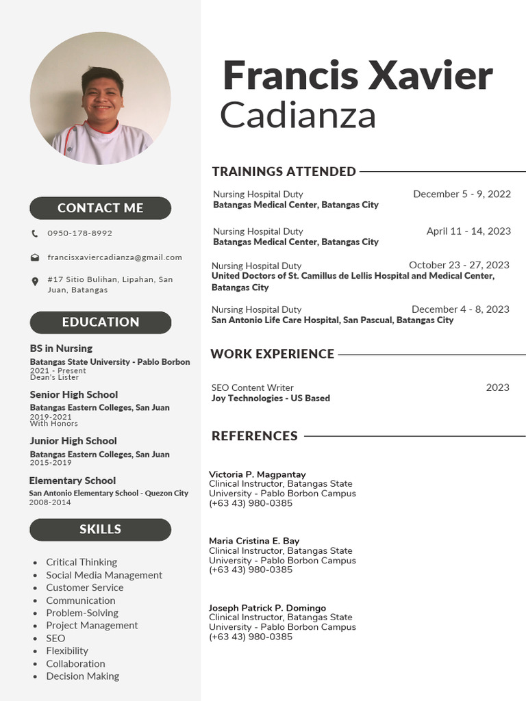 Cadianza, Francis Xavier R. - Resume | PDF | Health Sciences | Nursing