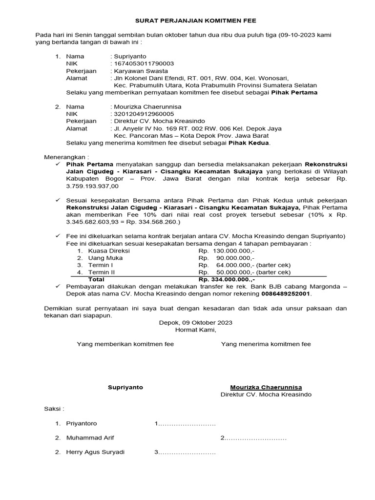 Surat Perjanjian Komitmen Fee | PDF