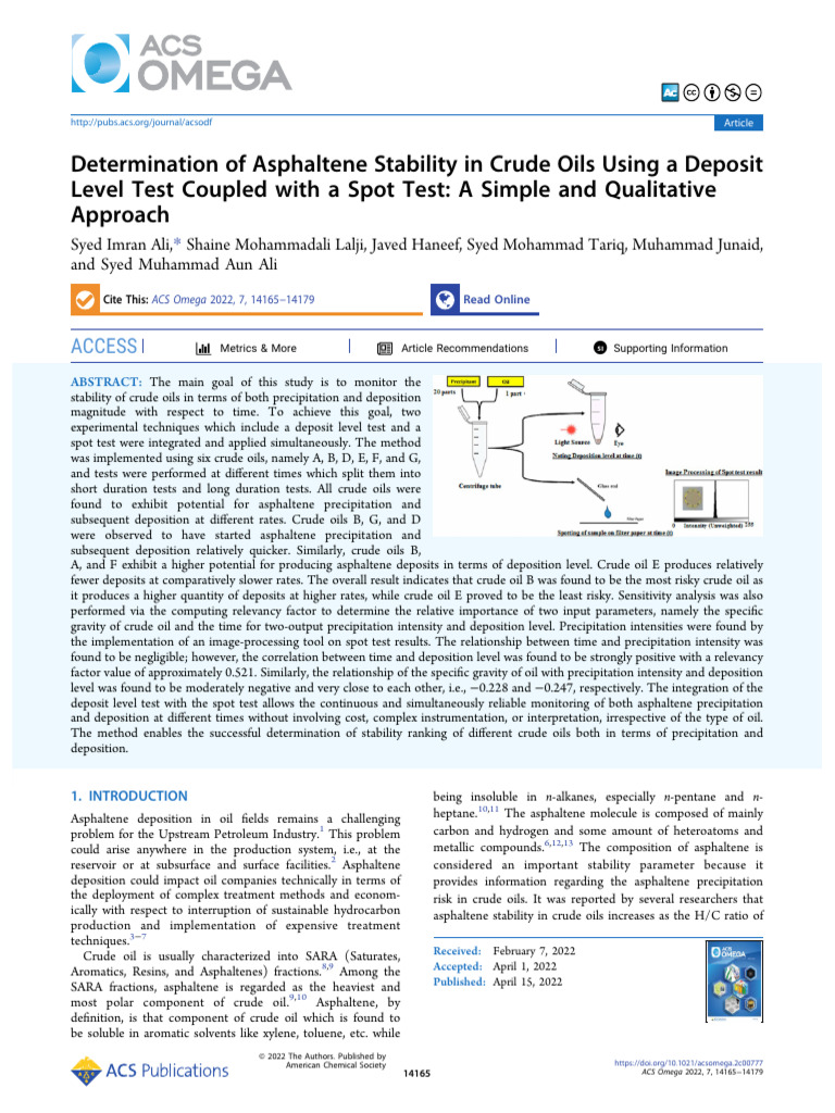 Determination of Asphaltene Stability in Crude Oils Using A Deposit | PDF