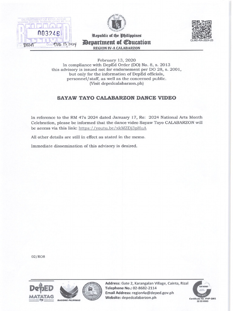 Dance Video Advisory Sayaw Tayo Calabarzon | PDF