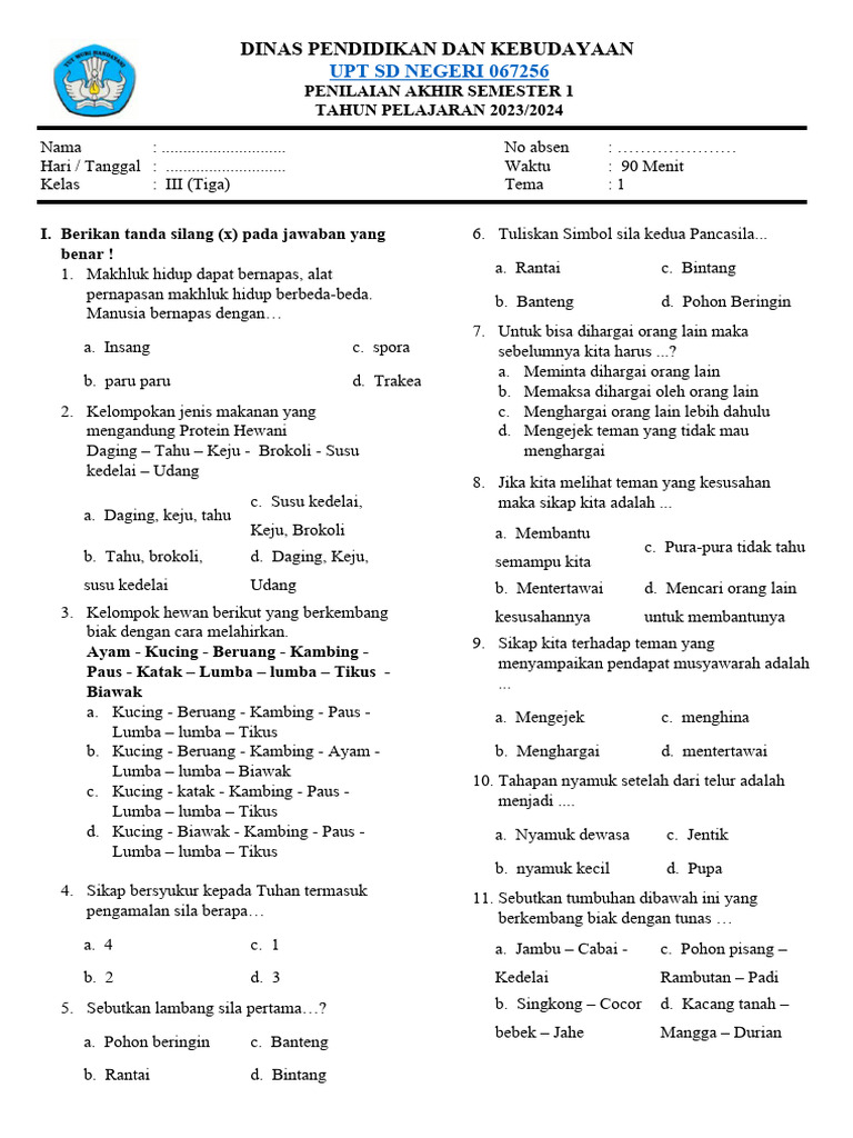 Soal Pas KLS 3 Tema 1 | PDF