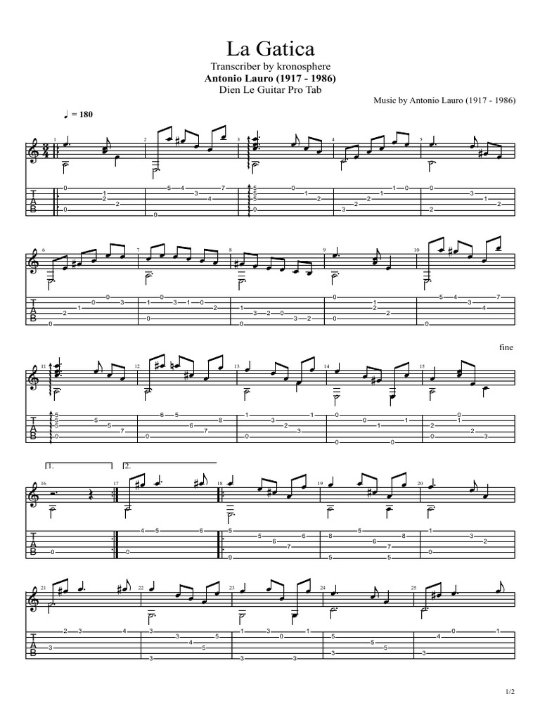 La Gatica by Antonio Lauro - For Classical Guitar with TABs | PDF ...