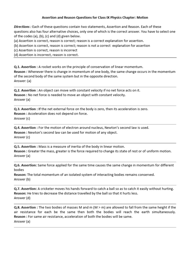 Class IX Ch. Laws of Motion Assertion & Reasoning Question | Download ...