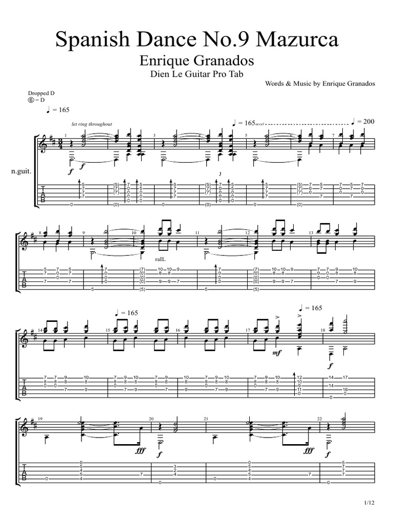 Enrique Granados - Spanish Dance No.9 Mazurca - Guitar Tutorial TABs ...