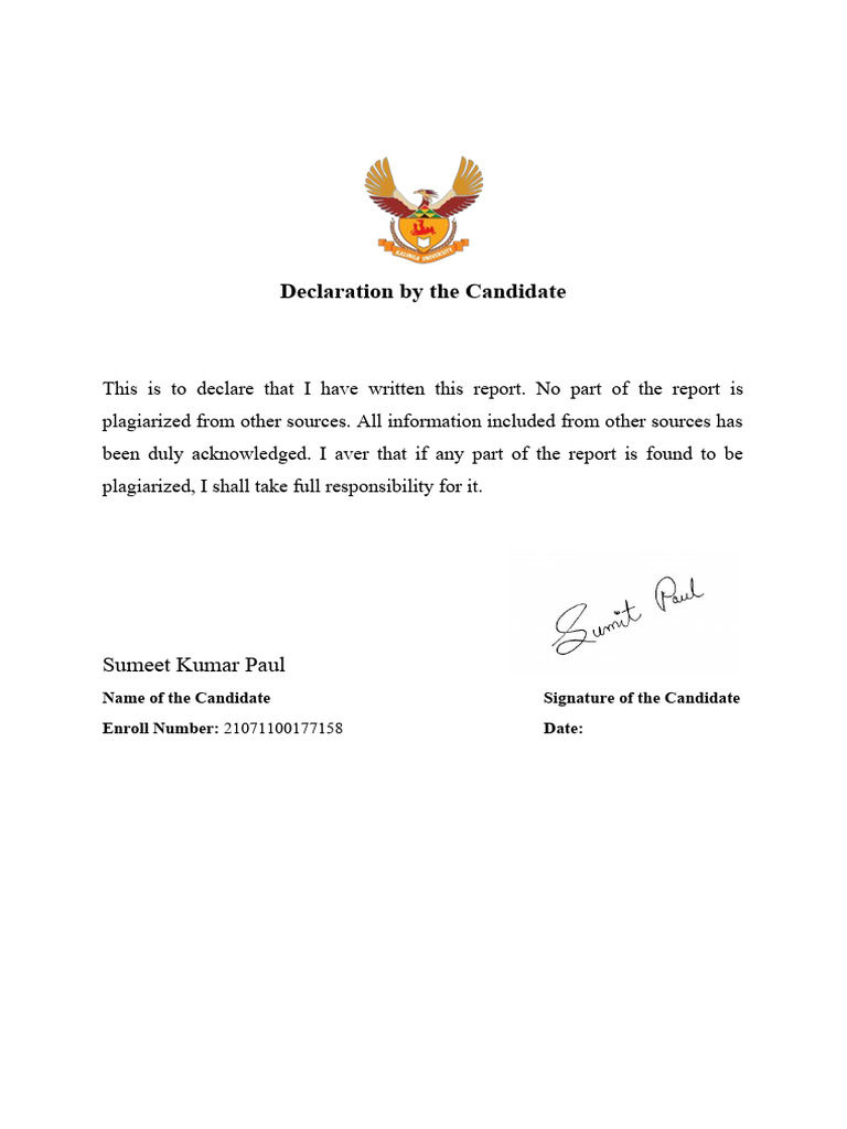 Declaration by Candidate - Summer Internship Project Report | PDF
