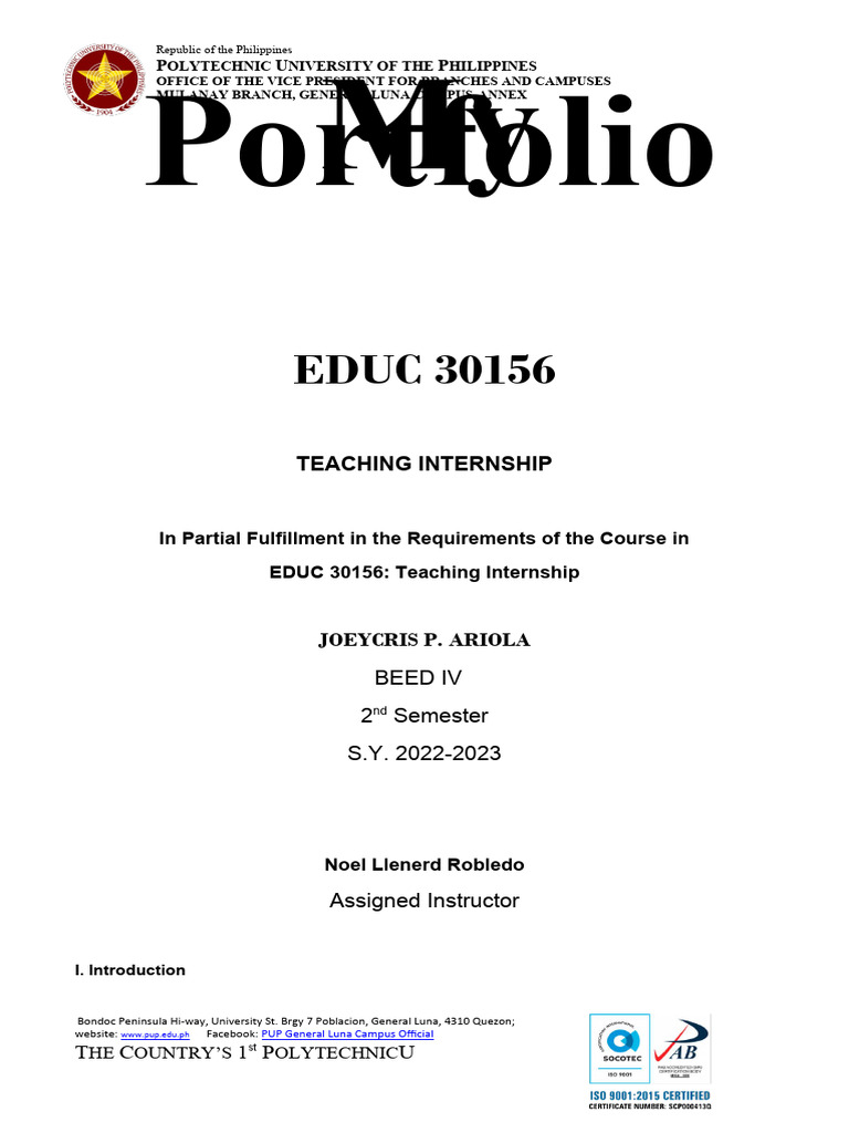 Teaching Internship Portfolio | PDF | Teachers | Learning