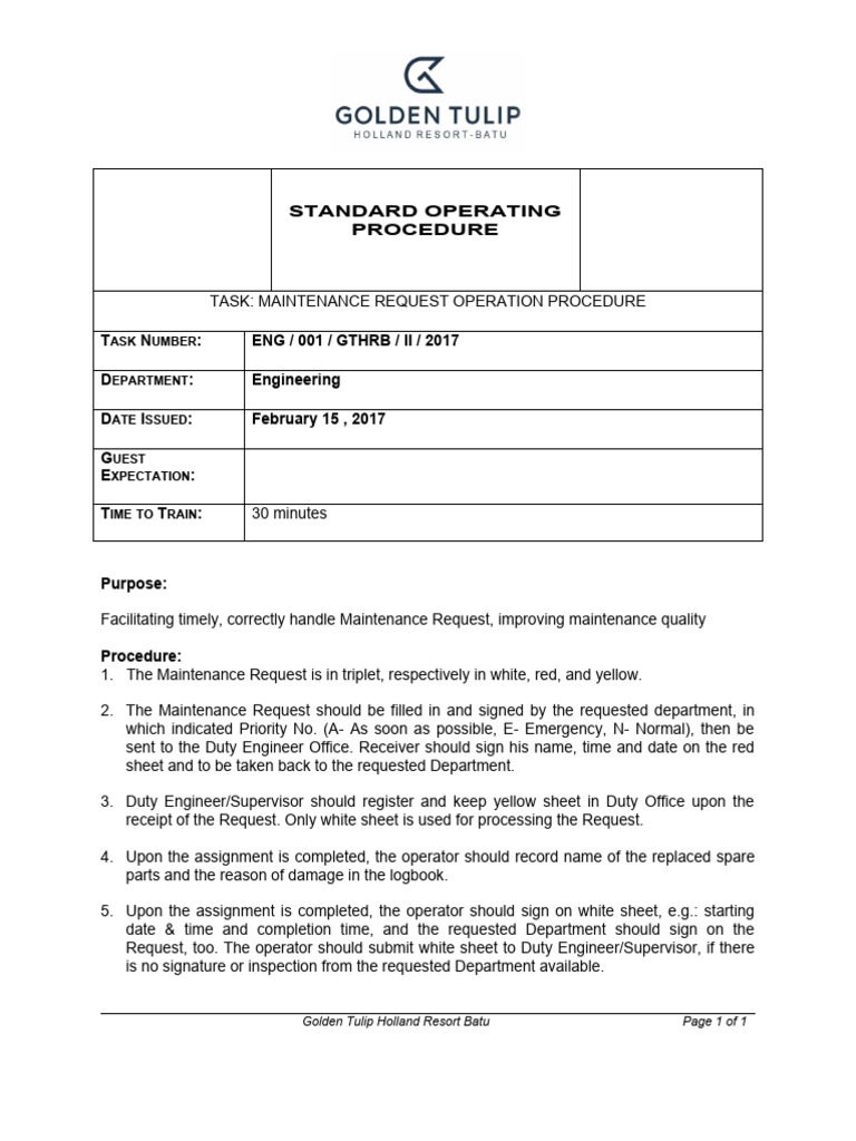 Eng 01 - Maintenance Request Operation Procedure | PDF | Business