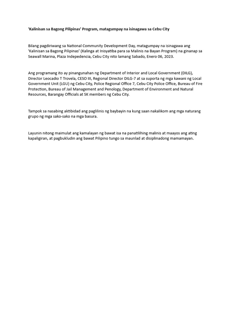 'Kalinisan Sa Bagong Pilipinas' Program, Matagumpay Na Isinagawa Sa ...
