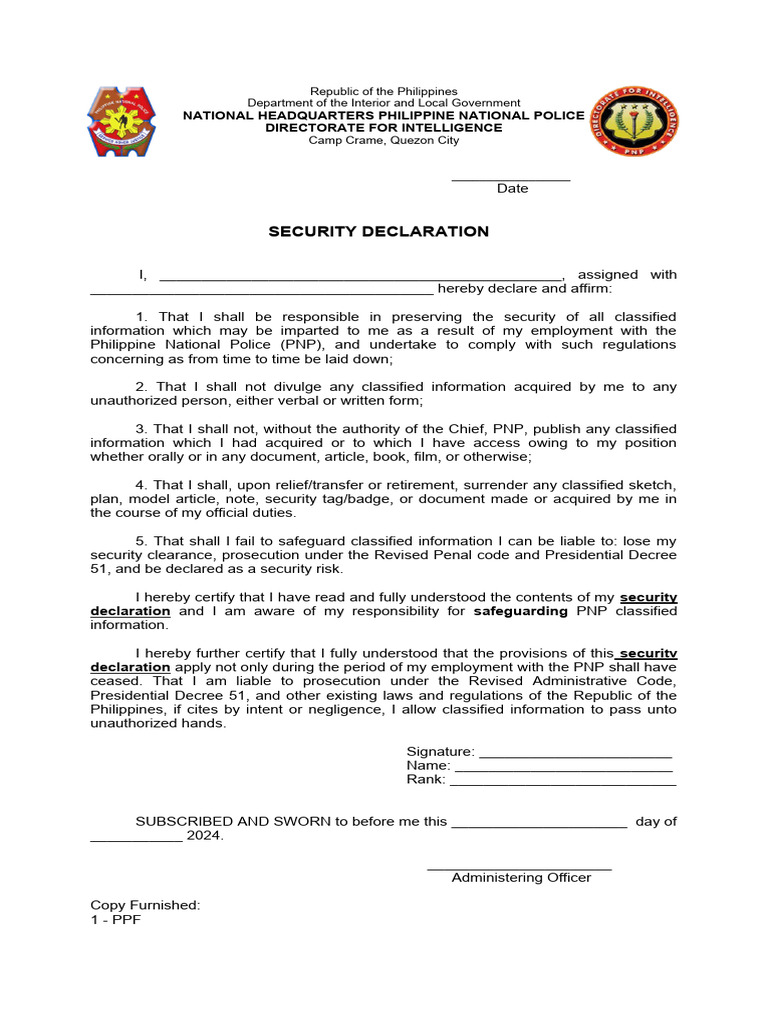 Security Declaration | PDF | Classified Information | Governance