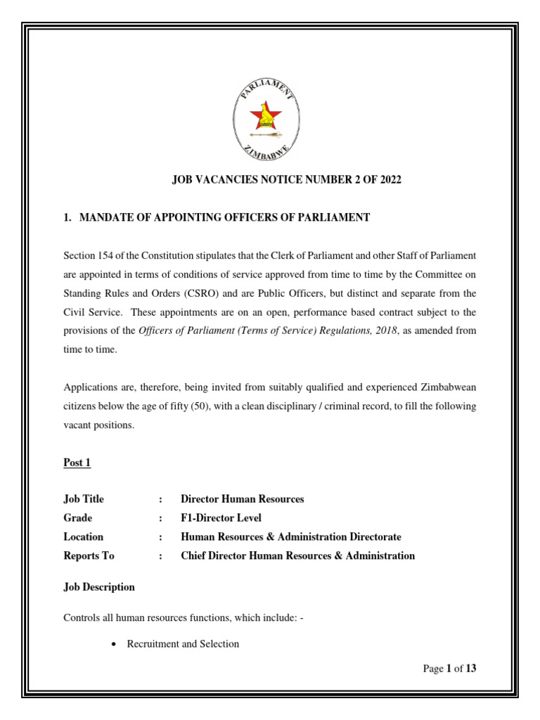 Zimbabwe Parliament Job Vacancies 2022 | PDF | Procurement | Human ...