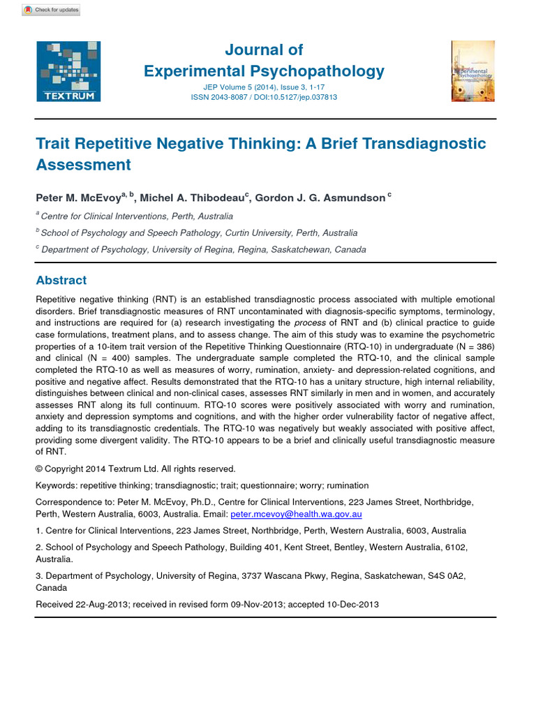 Mcevoy 2014: Trait Repetitive Negative Thinking A Brief Transdiagnostic Assessment | PDF ...