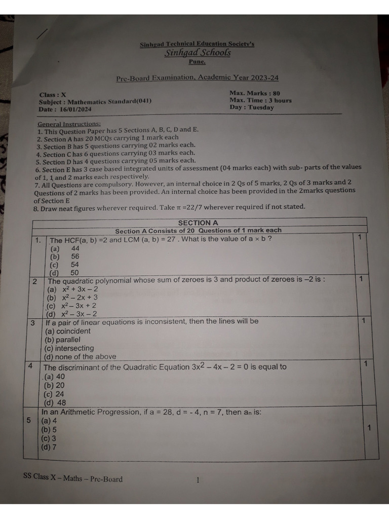 Maths Pre-Board | PDF