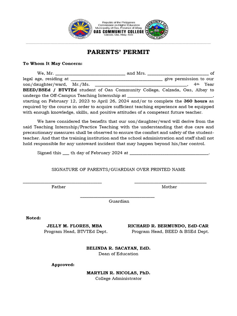 Parents-Permit - Student-Teachers | PDF | Behavior Modification | Learning