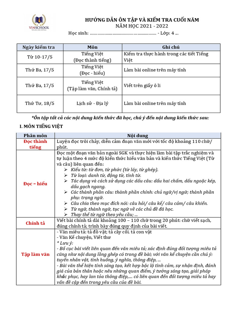 Khối 4 - Nội dung ôn tập và lịch kiểm tra CK2 NH 2021 2022 - Cam | PDF